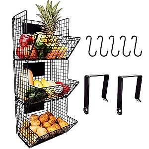Culinary Couture 3-Tier Wire Hanging Basket for Organizing, Heavy-Duty Hanging Wall Baskets for Storage with Adjustable Chalkboards & S-Hooks, Minimalist Hanging Fruit Basket for Kitchen, Black