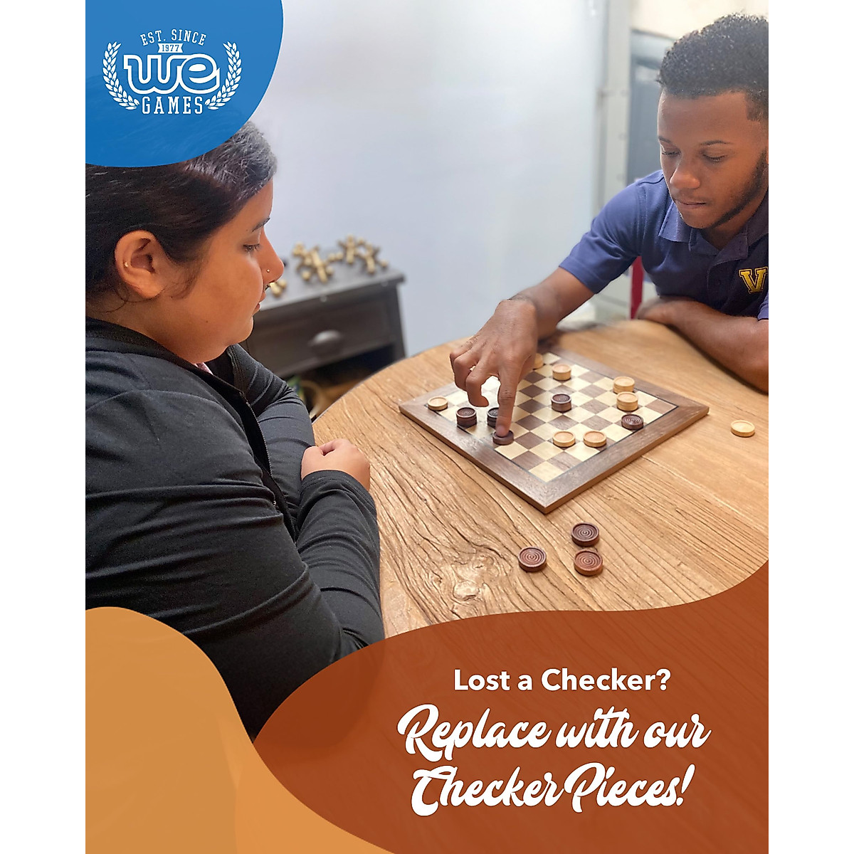 WE Games Checkers Pieces Only, Wooden Checker Board Game Pieces, 24 Dark Brown and Natural Stackable Pieces, Drawstring Storage Bag, 1.062 Diameter