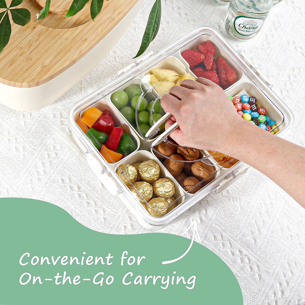 Zonpexe Snackle Box with Handle, Snack Box Container for Candy, Fruits, Nuts, Charcuterie and Veggies, Divided Serving Tray with Lid Perfect for Party and Entertaining, Travel and Beach Essentials