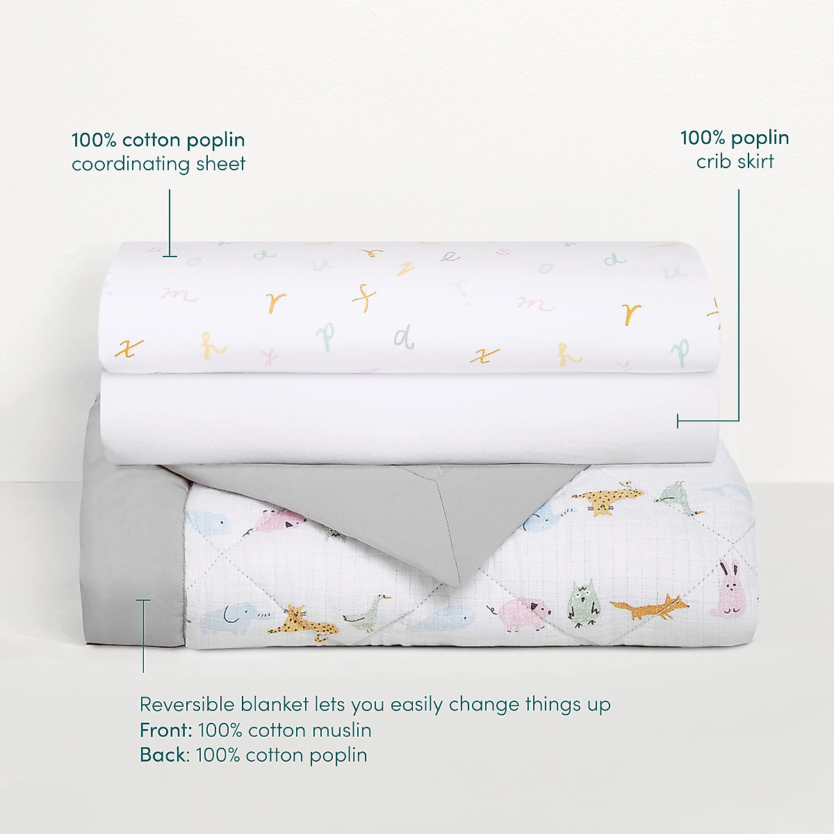 aden + anais Essentials 3-Piece Crib Bedding Set, Baby Bedding Bundle, Cotton Blanket, Crib Sheet, Crib Skirt, Alphabet Animals