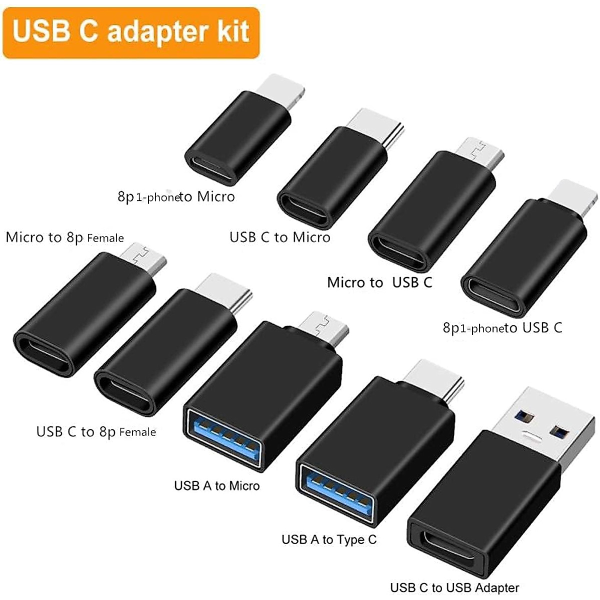 10Piece Type C Adapter Kit, Compatible with Micro-USB/Type-C/USB/1 -p Hone Cable,Foam Insert Travel Case with Carabiner, Includes USB Type C Cable