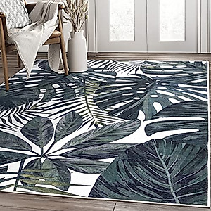 Abani 4' x 6' Rectangular Area Rugs - Machine Washable, Cream Green Leaf Contemporary Style Large Rugs, Polypropylene, Stain Resistant and Non-Shedding