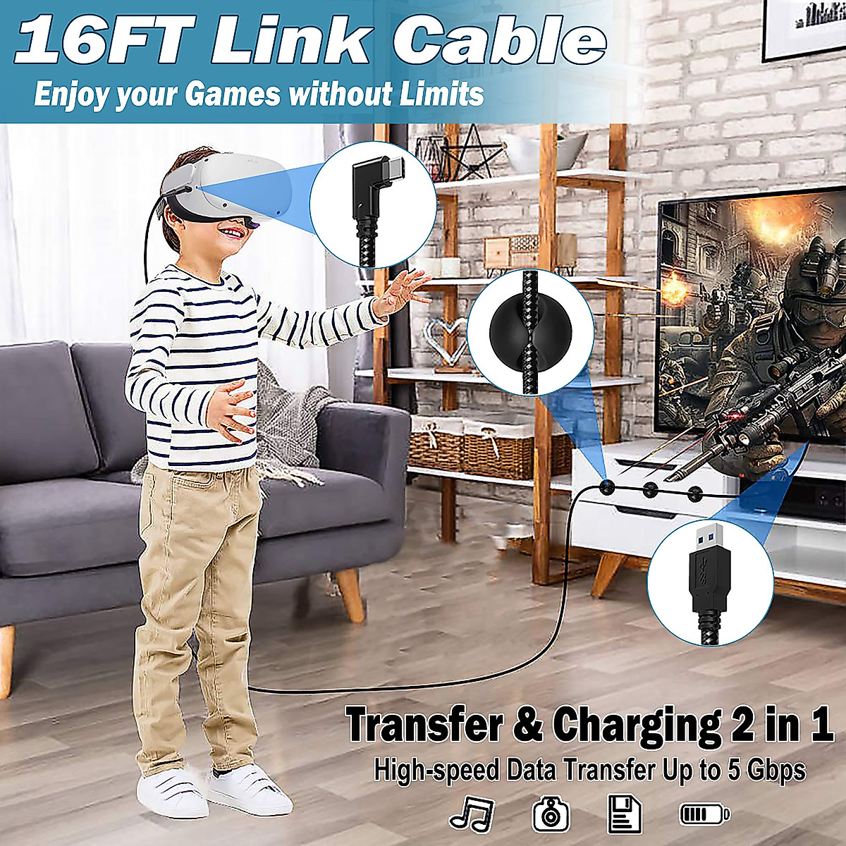 Oculus Link Cable 16FT Compatible for Oculus Quest 2 Quest 1 Rift S VR Headset, High-Speed Data Transfer & Fast Charging USB C 3.2 Gen1 Type A to C Nylon Braided Cable for VR Headset and Gaming PC