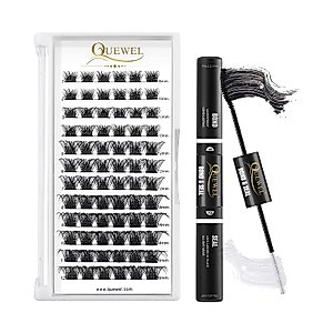 QUEWEL Cluster Lashes 72 Pcs Wide Stem Individual Lashes C/D Curl 8-16mm Length + Lash Bond And Seal, Lash Cluster Glue For DIY Eyelash Extensions