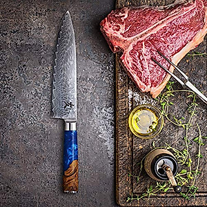 SAMCOOK Chef Knife - 8 Inch Professional Sharp Gyuto Knife - Japanese VG-10 Damascus High Carbon Stainless Steel Kitchen Cooking knife - Ergonomic Blue Resin Wood Handle with Gift Box