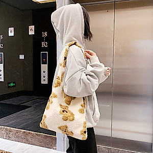 Plush Bear Bags For Women, Girls Tote Fluffy Plush Shoulder Bags Faux Fur Clutch Purses (White)
