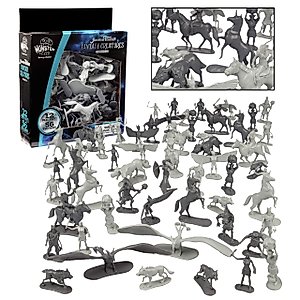 Fantasy Creatures Mini Action Figure Playset- 56pc Toy Monster Miniatures w 12 Difft Sculpts- Large Direwolfs, Cyclops, Winged Dragon Phoenixes & More- 1/32nd Scale Dungeon Paintable Xmas