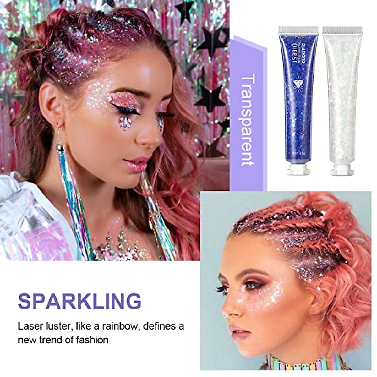 6 Pack Body Glitter Gel Face Glitter for Body, Face, Eye, Hair, Nails Glitter Makeup Liquid Long Lasting Sparkling Mermaid Chunky Glitter Gel for Festival Art Party Halloween (6 Color Sets)