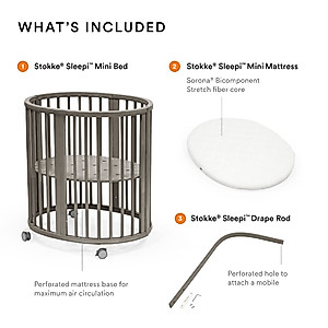 Stokke Sleepi Mini Bundle, Hazy Grey - Includes Crib/Bed, Mattress & Drape Rod - Suitable for Ages 0-5 Years Old - Adjustable & Stylish