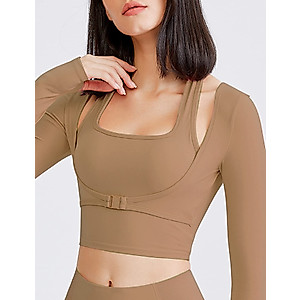 COZYPOIN Women Yoga Bra Long Sleeve Cropped Athletic Shirts Workout Tops Gym Cutout Sports Tees with Built(Coffee-S)