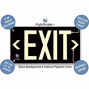Photoluminescent Exit Sign Black W/Holes and Hardware - Aluminum Code Approved UL 924 / IBC/NFPA 101 (Directional Arrows Included) NightBright USA Part ULB-050-HH
