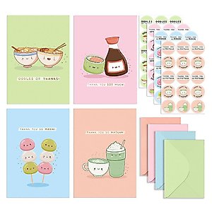 CENTRAL 23 Kids Thank You Cards - 4 Cute Designs - Set Of 48 Multipack - Colorful Kawaii Japanese Food Puns - Small Thank You Notes With Envelopes For Children - Blank Inside With Cute Stickers