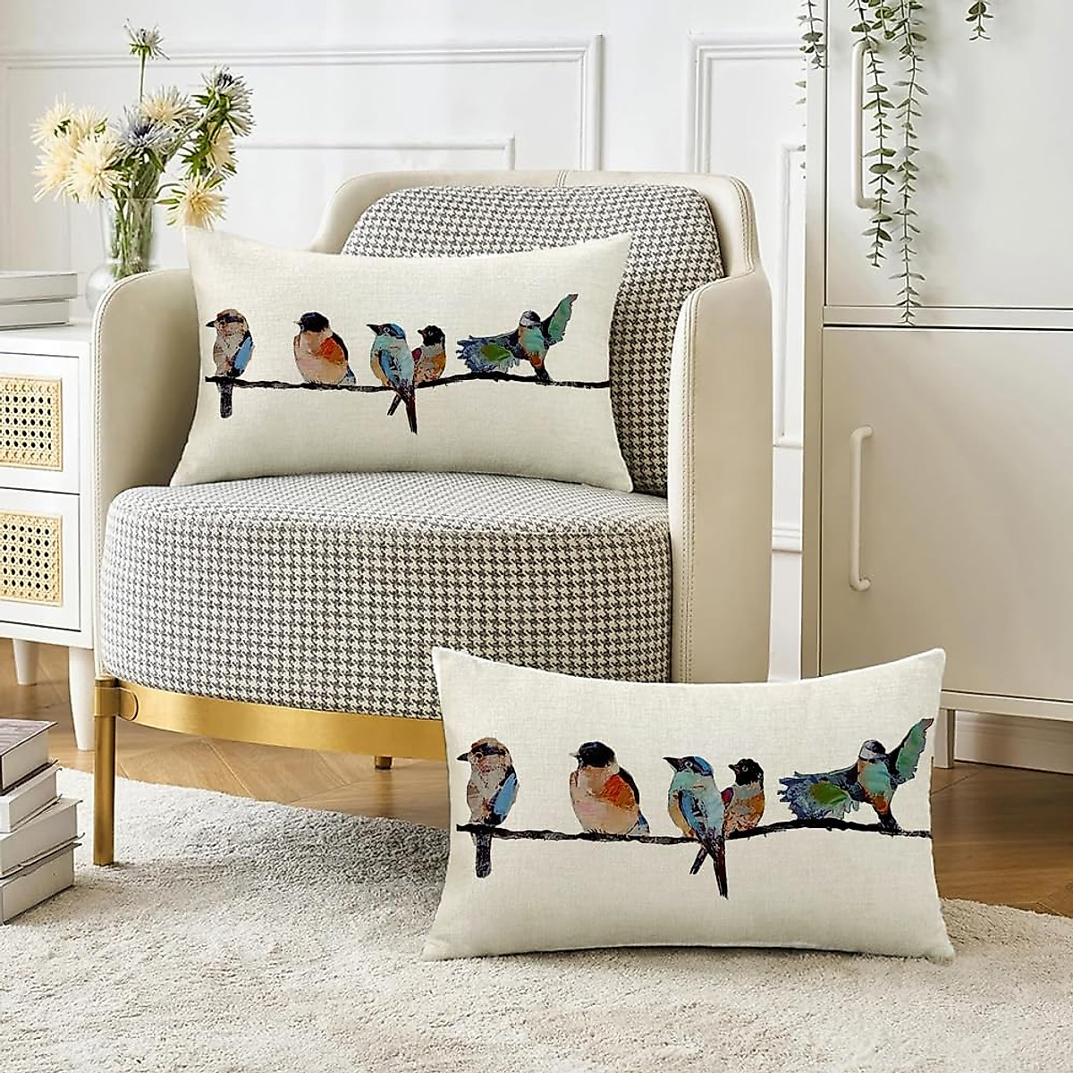 RABUSOFA 12x20 Lumbar Pillow Decorative Throw Pillows,Small Hand-Painted Outdoor Birds Pillowcases,Spring Summer Pillows Decorative Throw Cushion Covers Linen for Couch Sofa Teal Blue