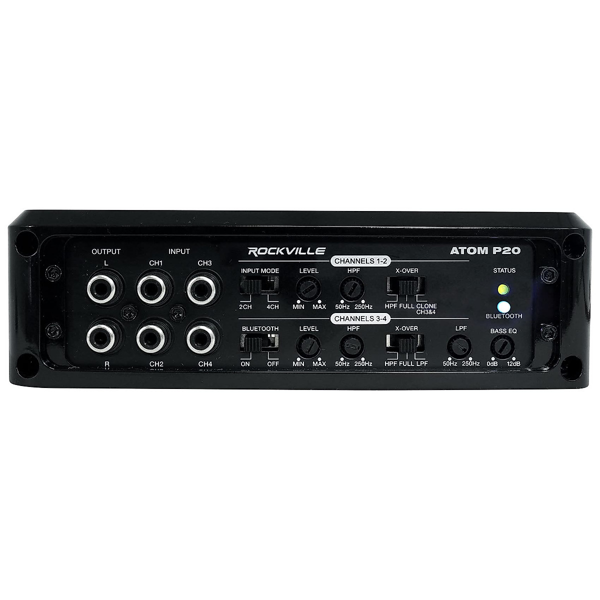 Rockville Atom P20 Marine/ATV/Car Bluetooth Amplifier 1600w Peak/440w RMS 4 Channel w/Volt Meter, Black