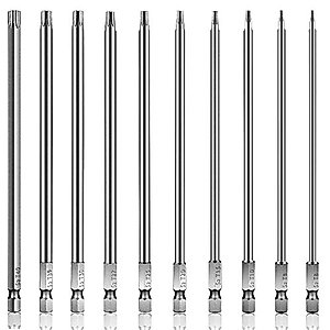 Rocaris 10pcs 6 In T8 - T40 Security Torx Bit Set - Torx Star Drive Security Screws - S2 Steel, 1/4 Inch Hex Shank - Fit All Standard Bit Holders Air and Power Tools