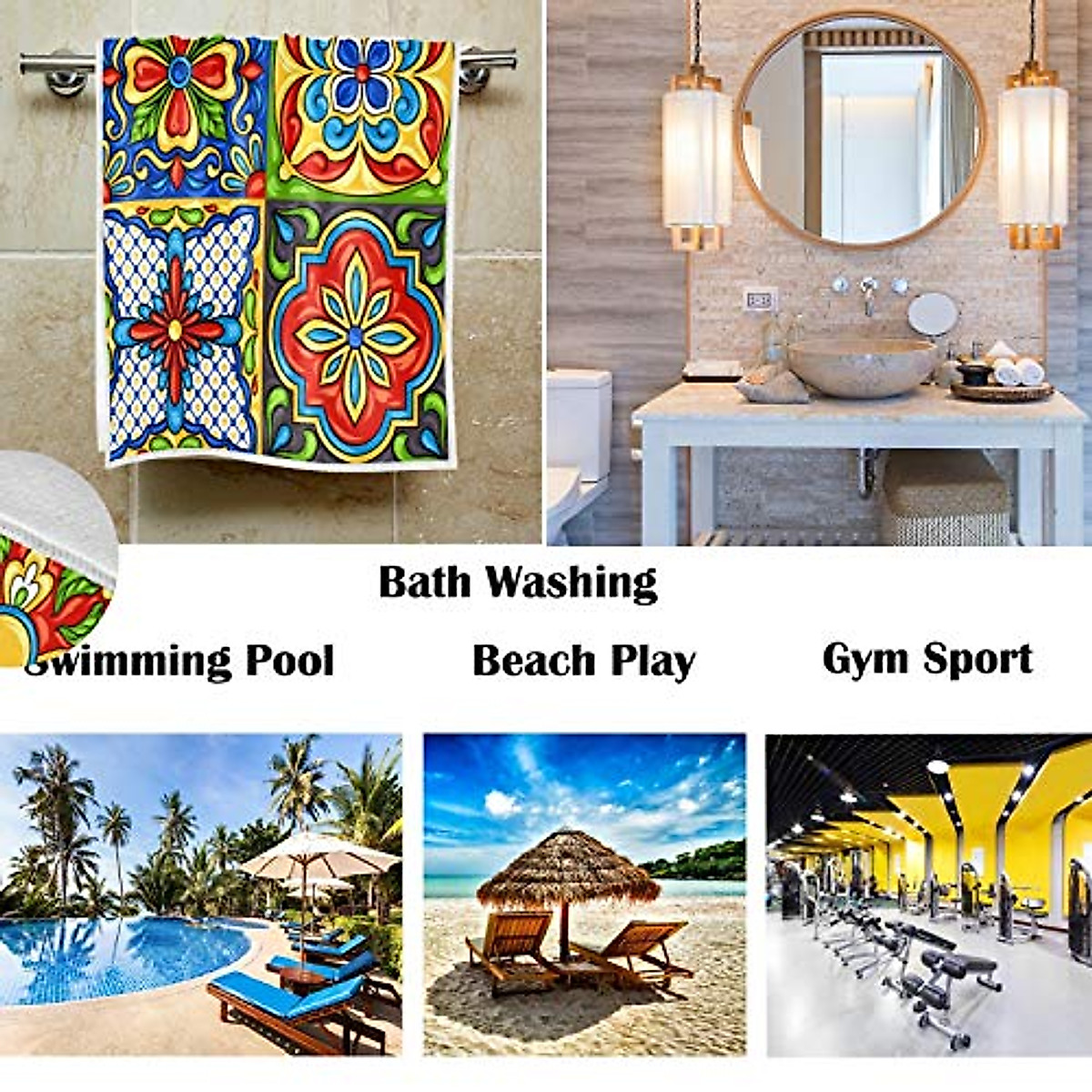 Pfrewn Mexican Talavera Ceramic Tile Hand Towels 16x30 in Ethnic Folk Bathroom Towel Soft Absorbent Small Bath Towel Kitchen Dish Guest Towel Home Bathroom Decorations