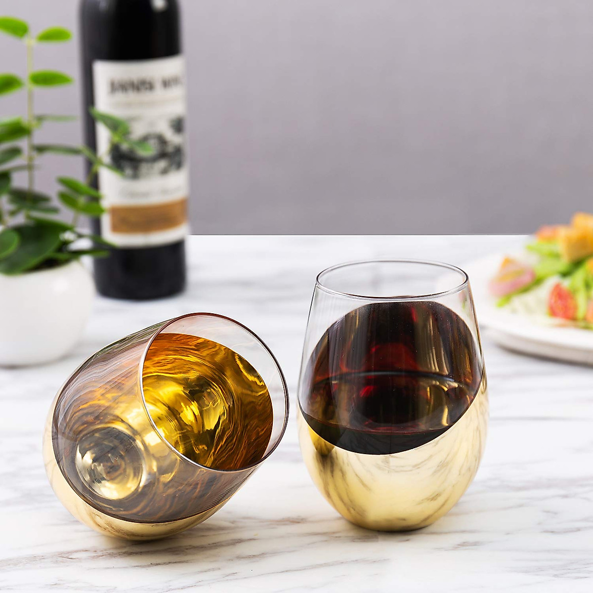 MyGift Modern Stemless Wine Glass Set of 6, White or Red Wine Glasses with Brass Metallic Bottom Angled Design