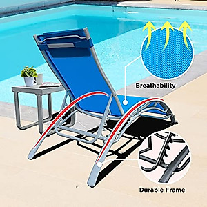 HOMEZILLIONS Patio Chaise Lounge Set of 3 Outdoor Lounge Chairs Adjustable Chaise Lounge 5-Level Pool Chairs with Headrest for Beach, Side Table Included, Blue