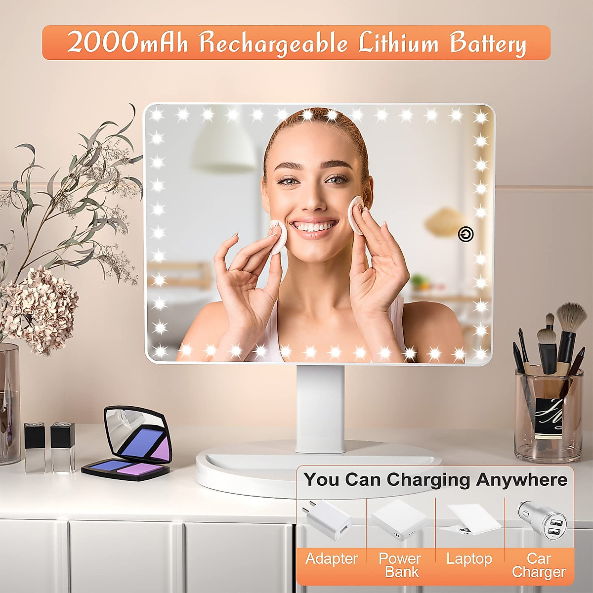 FUNTOUCH Rechargeable Large Makeup Mirror with Lights and 10X Magnification Mirror, Lighted Makeup Vanity Mirror with 96 LED, Sensor Touch Dimmable, 360 Degree Adjustable Rotation, Light up Mirror