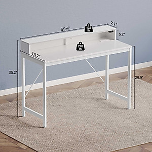 Rolanstar Computer Desk 39 inch with LED Lights & Power Outlets, Home Office Desk with Monitor Shelf, Gaming Desk, Writing Desk, Study Desk for Student & Kids, White