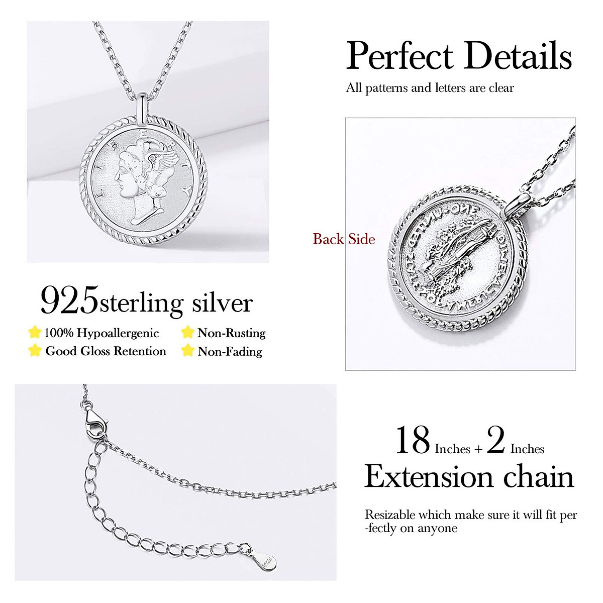 Mercury Dime Coin Pendant Necklace, 925 Sterling Silver Vintage American Coin Round Medallion Pendant with 18" Chain Necklace Mothers Day Jewelry Gifts for Moms