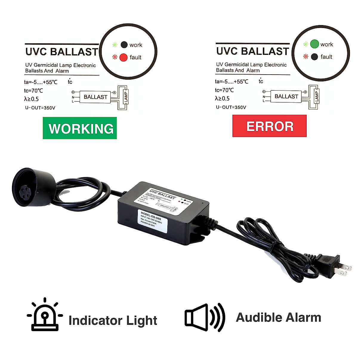 Bluonics 55W UV 220-240V EU Plug Ballast Ultraviolet Light Sterilizer/Water Purifier with Green & Red Indicator- 4 Prong