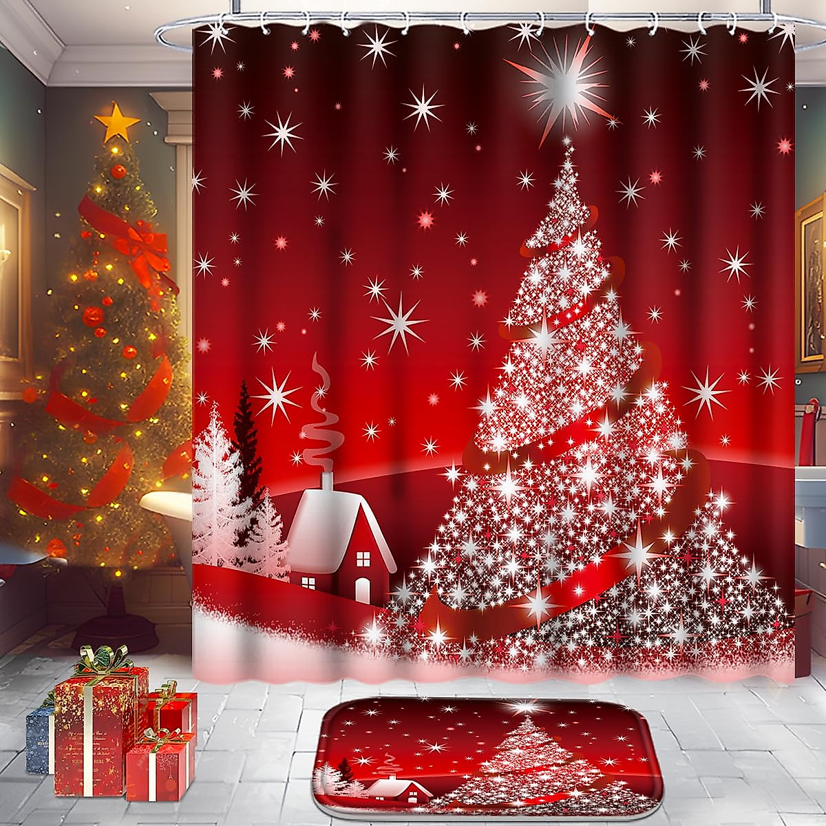Poedist 4 Pcs Christmas Bathroom Decor Set,Christmas Shower Curtain Sets, Xmas Shower Curtain Sets with Rugs(Bath Mat,U Shape and Toilet Lid Cover Mat) and 12 Hooks,Christmas Tree