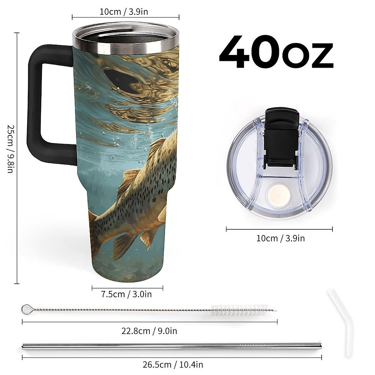 FZQVSGW Fly Fin Fish 40 Oz Tumbler with Handle And Straw Stainless Steel Vacuum Insulated Tumblers Reusable Keep Drinks Cold Coffee Cup Holder Friendly Gifts for Women Men Car Gym Travel