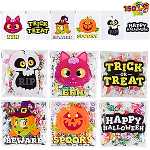 JOYIN 150 Pcs Halloween Cellophane Treat Bags, Halloween Clear Self Adhesive Cookie Bags Mini Candy Bags for Trick or Treat, Double Sided Halloween Bags for Kids Halloween Party Favor Supplies