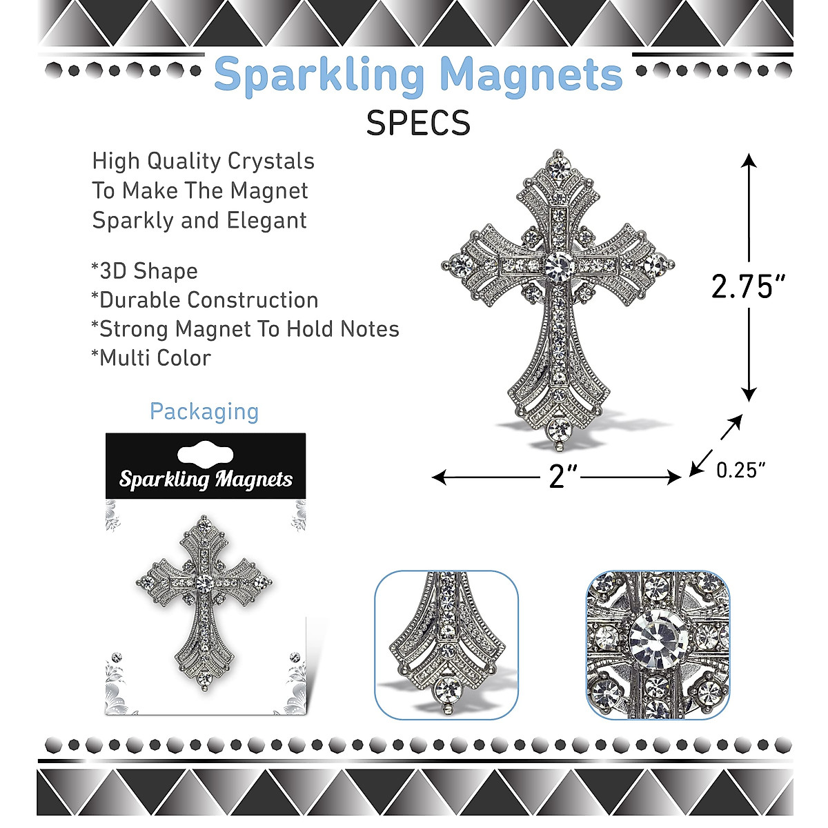 Aqua79 Fleur De Lis Sparkling Refrigerator Magnet - Silver Sparkling Charm Rhinestones Crystals, Cute Sparkly Cross Magnet for Kitchen Door Fridge, Cool Home and Office Novelty Decor - 2.75 Inch
