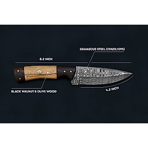 Titan International Knives 8.2" Damascus Steel Fixed Blade Hunting Knife | Handmade 1095 4340 Carbon Mix Hand Pounded | EDC Black Walnut and Olive Wood Handle | Leather Sheath Multi Purpose Survival and Camping Knives