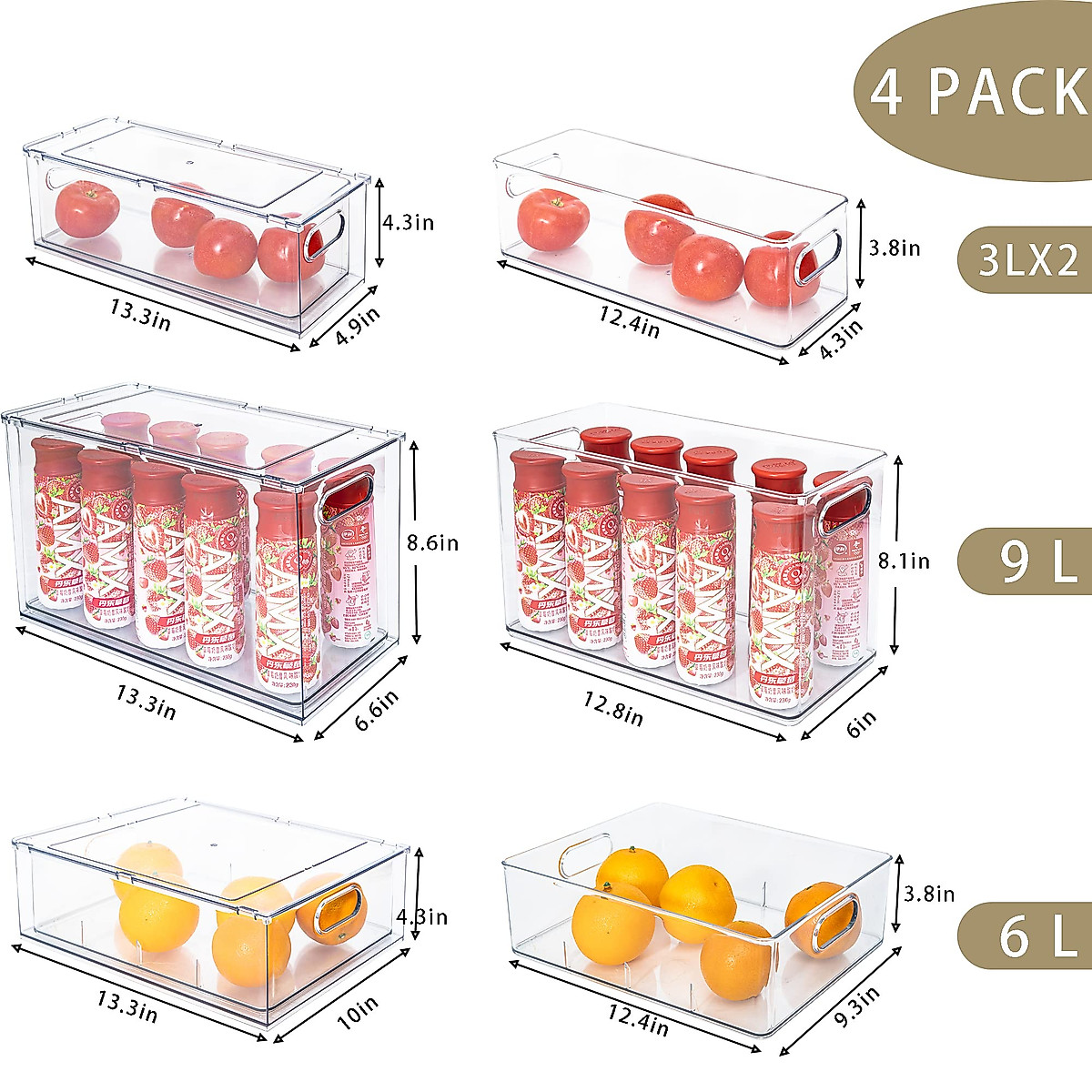 Mano Fridge Drawer Pull Out Stackable Bins with Handle Clear Refrigerator Drawers Organizer Food Storage Container Box with Dividers Plastic Produce Saver for Pantry, Cabinet, Kitchen, Clothes（4Pack）