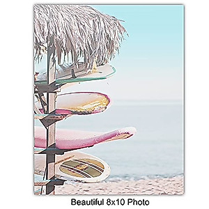 Beach Decor - Beach Wall Art - Tropical Palm Trees, Surfing Posters 8x10 - Unique Home Decor for Lake or Ocean House, Bathroom, Bedroom, Living Room, Office - Gift for Surfers - Nautical Photo Set