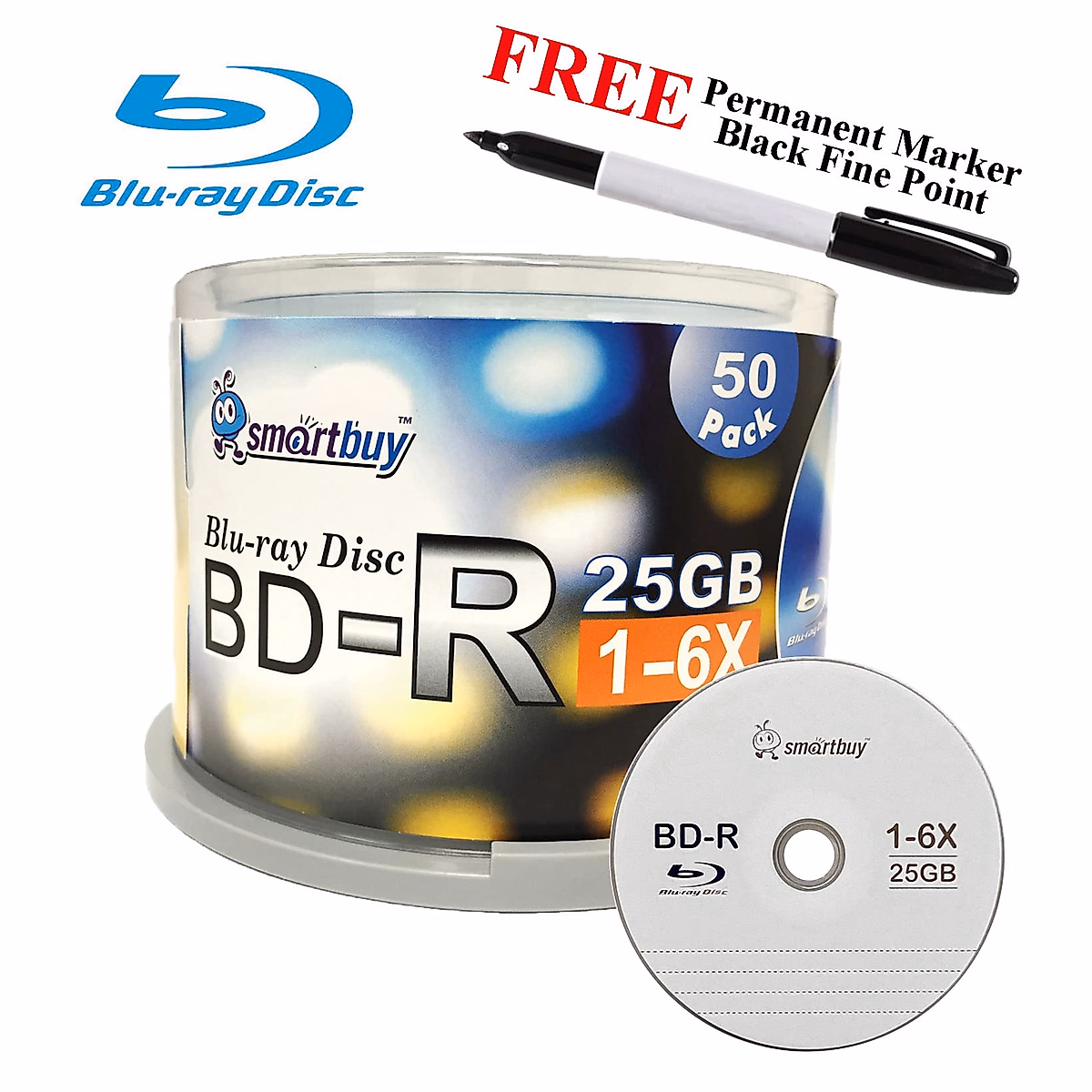 Smartbuy 50-disc 25GB 6X BD-R Blu-Ray Logo Top Blank Media Record Disc + Black Permanent Marker