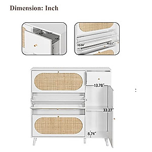 Mcltopz Rattan Shoe Cabinet with 3 Flip Drawers&1 Small Drawer&1 Door, Modern Free-Standing Shoe Rack Narrow Shoe Storage Cabinet Wooden Shoe Rack Storage Cabinet for Entryway Hallway Doorway (White)