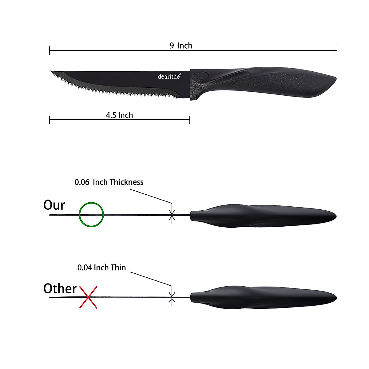dearithe Steak knives set of 6, Black Serrated Stainless Steel Sharp Blade Flatware Steak Knife Set, 4.5 Inches,Non stick coating for Anti-rusting, for Restaurant Tableware Kitchen Camping