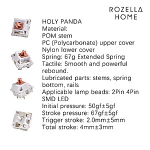 Holy Panda Mechanical Keyboard Switch, 3Pin Pre Lubed, 67g Extended Spring, Enhance Tactile Plate Mounted MX Switch(100 Pack)