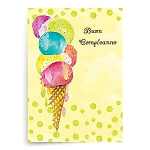 Designer Greetings Italian Language Happy Birthday Cards, Fun Colorful Ice Cream Design (Pack of 6 Cards with Green Envelopes / 6 biglietti di auguri e buste)