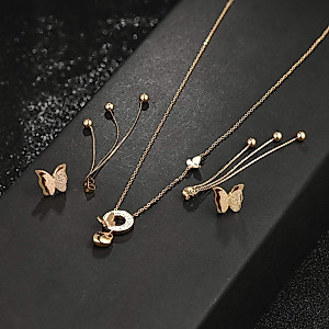 EVEVIC Stainless Steel Butterfly Necklace Earrings Set for Women 14K Gold Plated Hypoallergenic Jewelry Sets (Style-B Rose-Goldtone)
