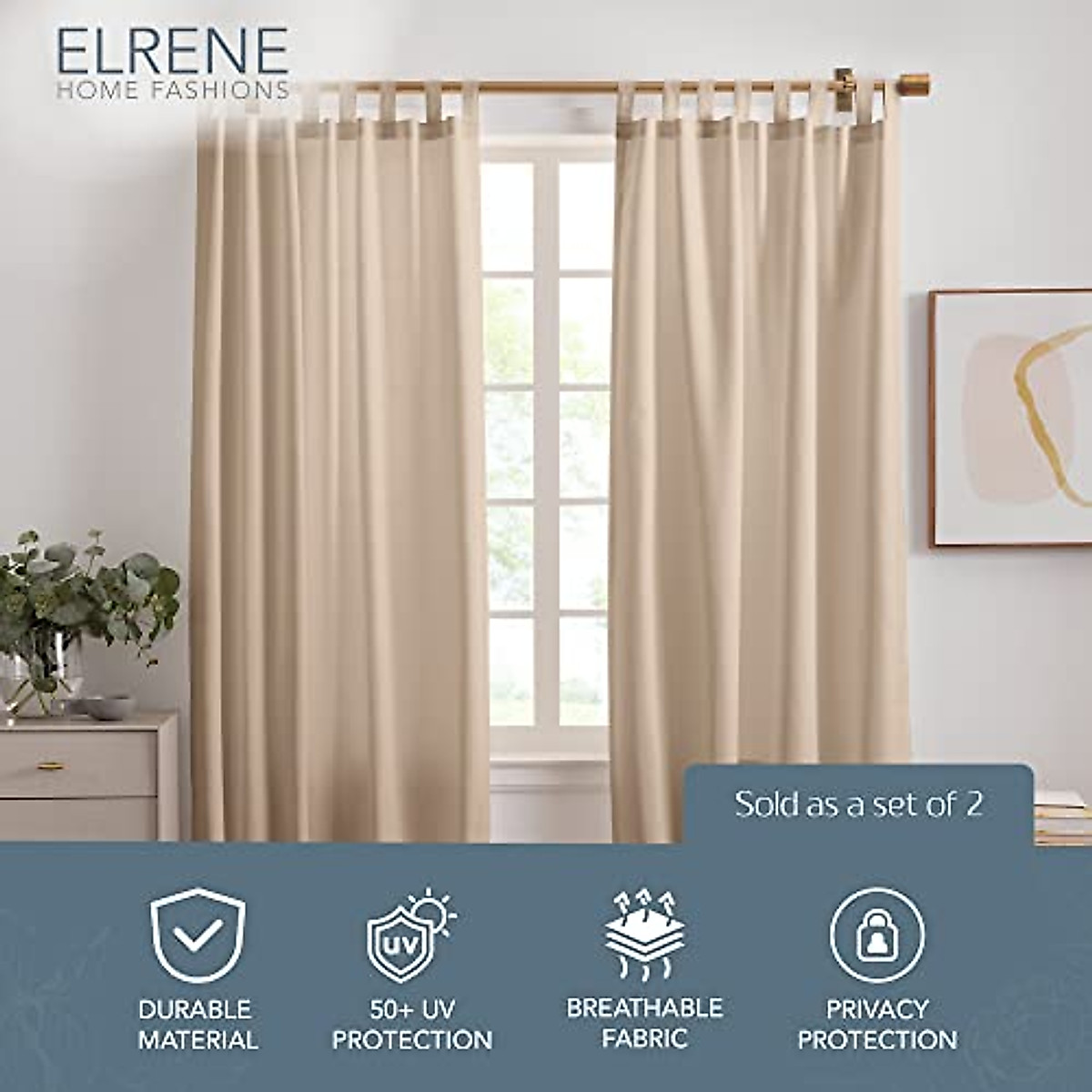 Elrene Home Fashions Rhodes Solid Indoor/Outdoor Window-Curtain Set, 2 Panels, 52 inches X 95 inches, Taupe