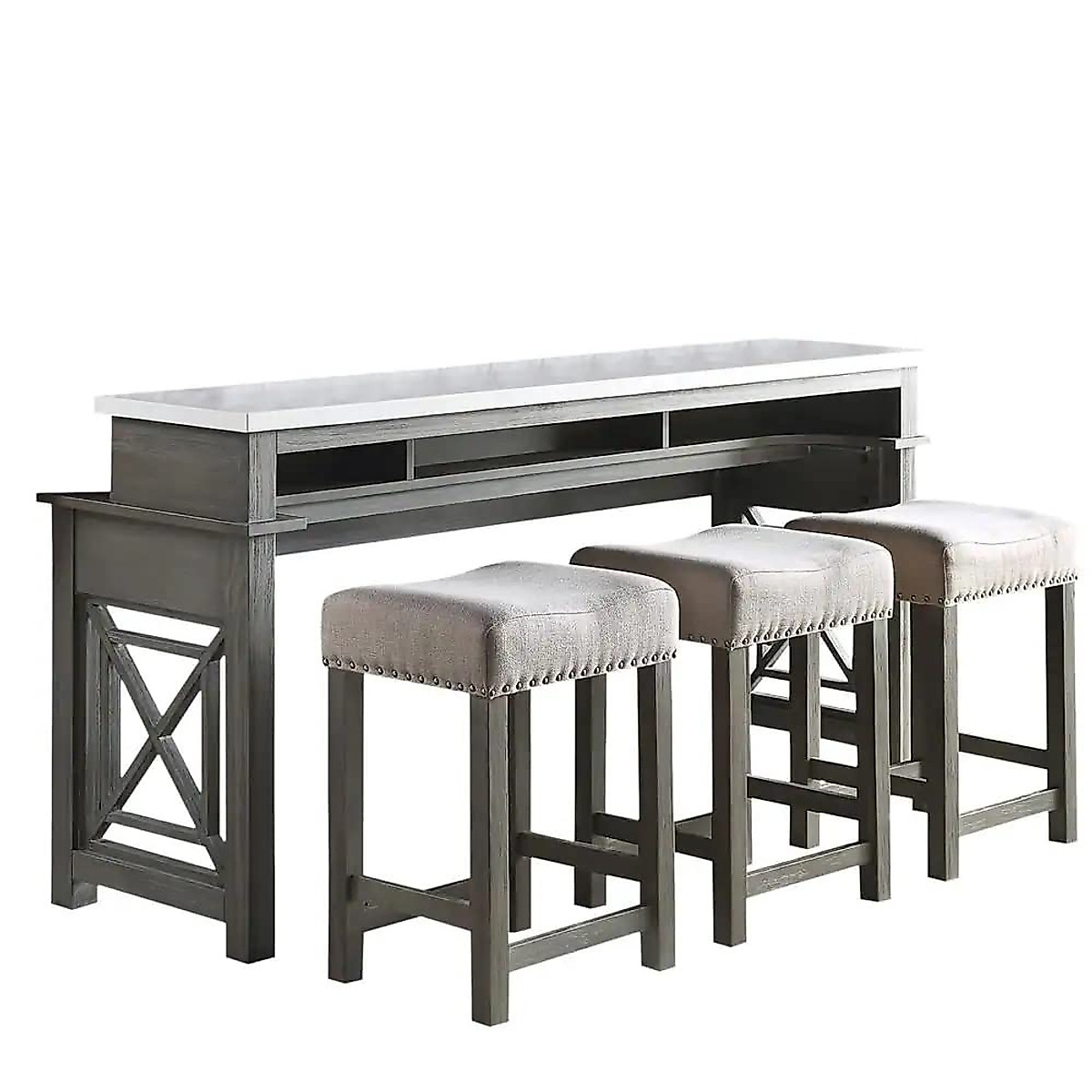 Benjara 76 Inch 4 Piece Counter Height Dining Set, Marble Table Top, Brown, Beige and Gray