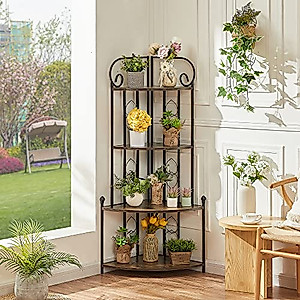 VECELO 4-Tier Ladder Corner Shelf with Metal Frame, Multipurpose Bookshelf Bookcase, Plant Stand & Storage Display Shelves for Living Room, Bedroom, Office, Rustic Brown