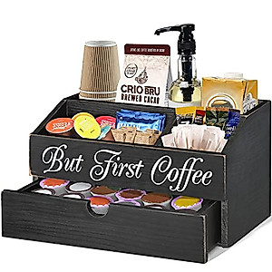 Coffee Station Organizer, Wood K Cup Coffee Pods Holder with Drawer, Countertop Coffee Bar Accessories Tea Bag Organizer, Coffee Bar Condiment Organizer for Coffee Bar Decor, Coffee Lovers Gift