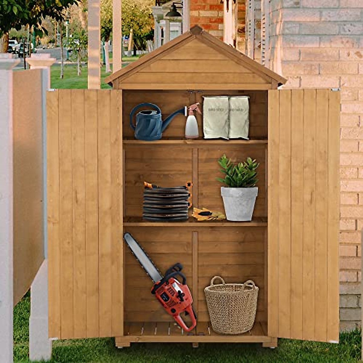 MCombo Outdoor Storage Cabinet, Garden Wood Tool Shed, Outside Wooden Shed Closet with Shelves and Latch for Yard, Patio, Deck and Porch 1000