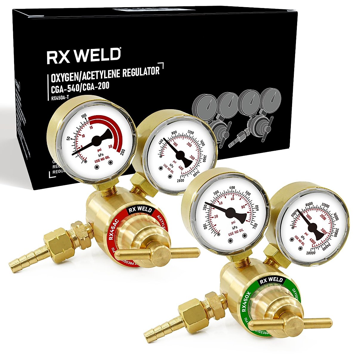 RX WELD Oxygen and Acetylene Regulators, CGA540 and CGA200, Compatible with V-Style Welding Gas Torch Cutting - T Handle