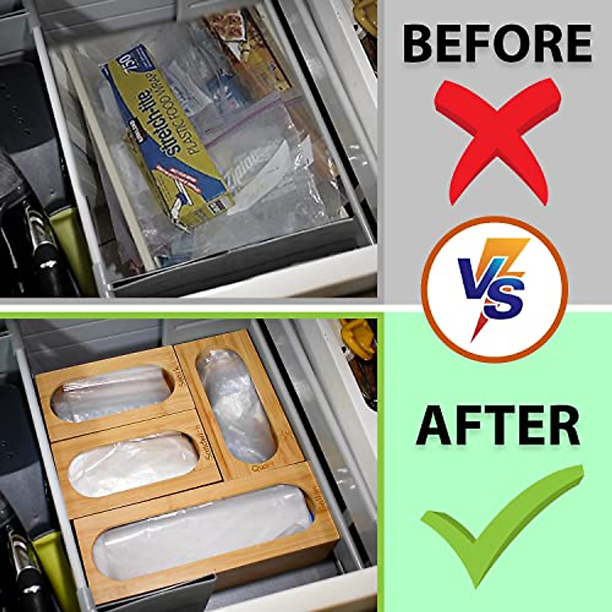 Ziplock Bag Storage Organizer - Bamboo Wood 4 Piece Plastic Bag Dispenser for Kitchen Drawer - for Gallon, Quart, Sandwich and Snack Size Ziplock Bags – by KITCHENCLIQUE