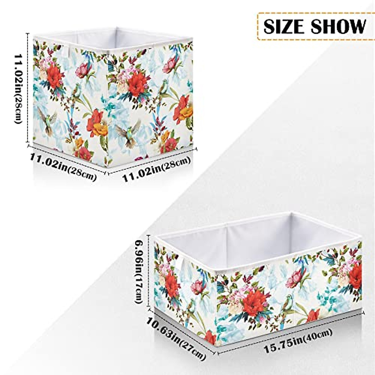CaTaKu Poppy Rose Birds Storage Baskets Large Rectangular Storage Bins Baskets for Organizing Fabric Collapsible Storage Organizer for Shelves