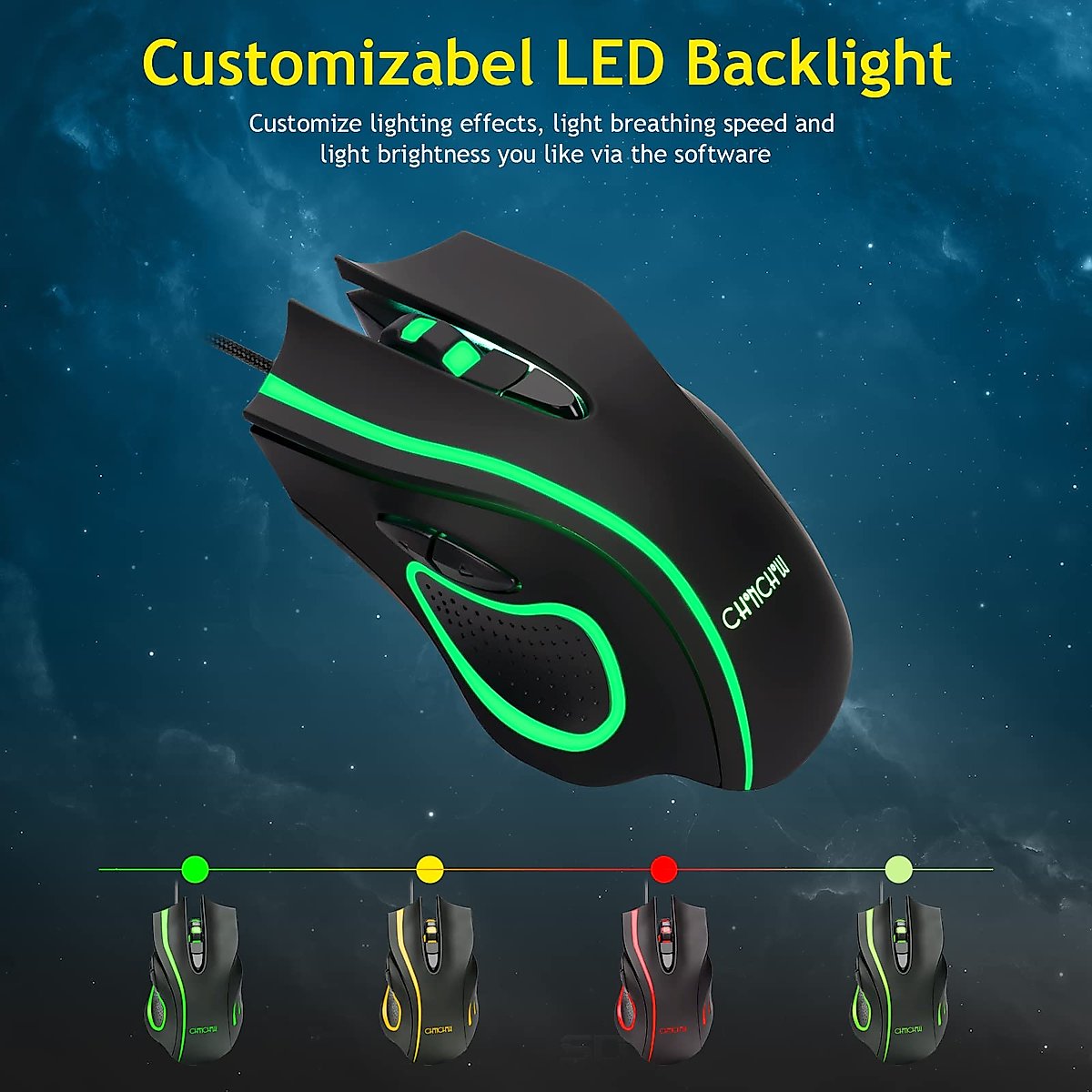 CHONCHOW Gaming Mouse Wired PC Gaming Mice with Backlit 4 Adjustable DPI Up to 7200 and 6 Programmable Buttons Ergonomic Design,USB Optical Computer Mouse for Desktop PC Laptop Gamer & Worker- Black