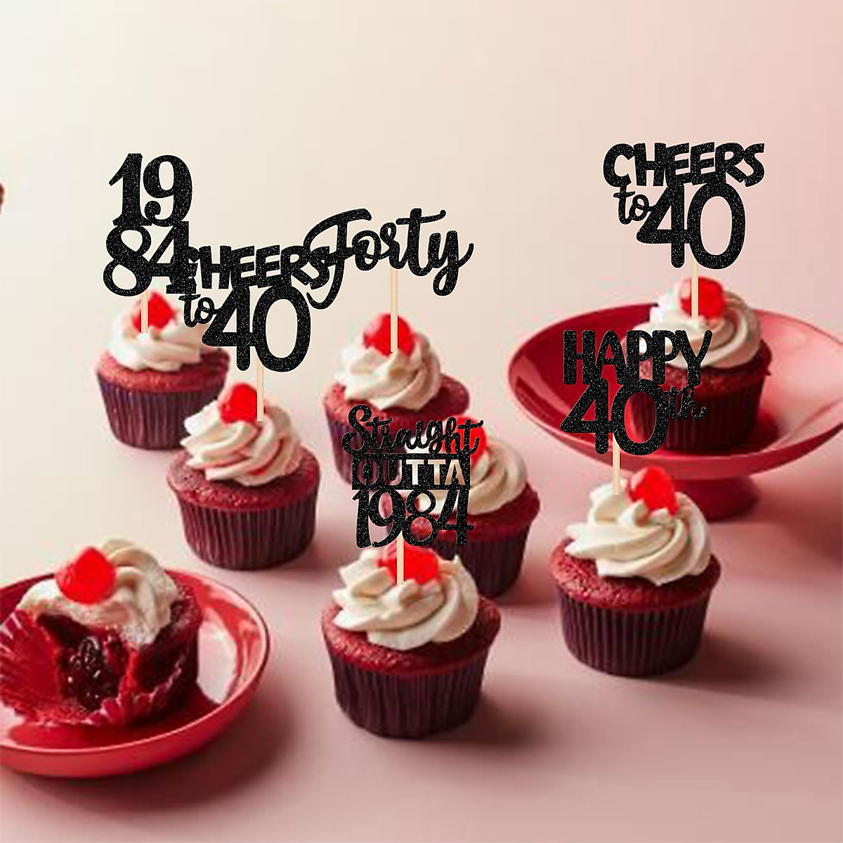 30PCS Black 40th Birthday Cupcake Toppers Glitter Forty Happy 40th Straight Outta 1984 Cupcake Picks for Cheers to 40 Years 40th Birthday Wedding Anniversary Party Decorations Supplies