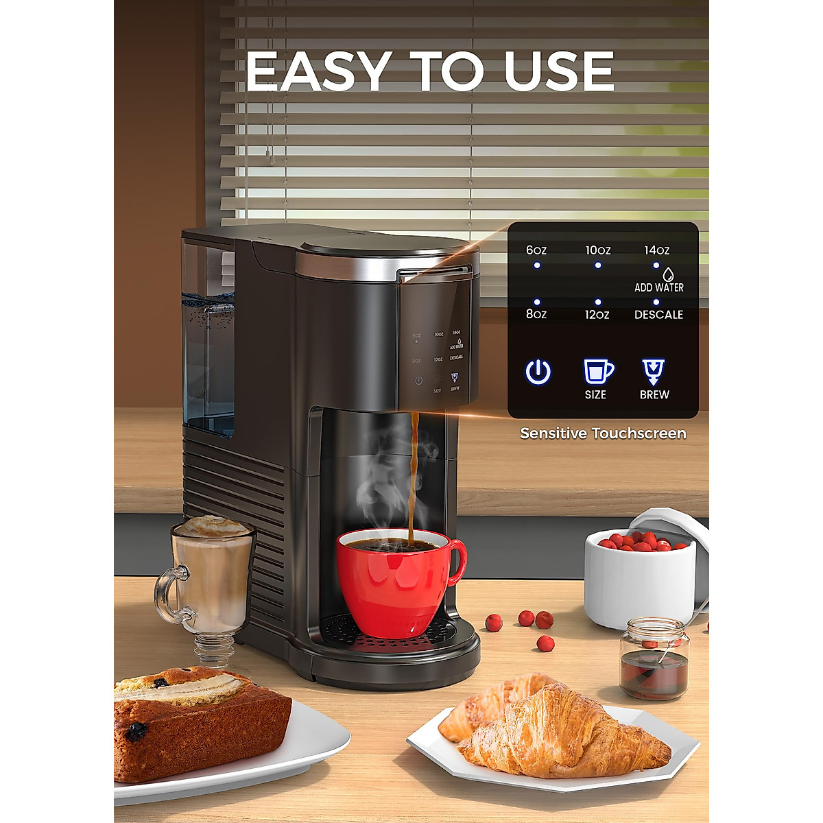 COWSAR Single Serve Coffee Maker, Coffee Brewer for K-Cups Pods and Ground Coffee, Capsule Coffee Machine with 40 Oz Water Tank, 5 Brew Sizes Up To 14 Oz, Black